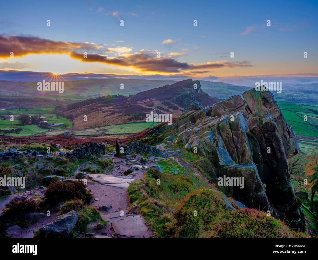 Leek, UK - November 19, 2022: Winter sunrise over the Roaches near Leek ...