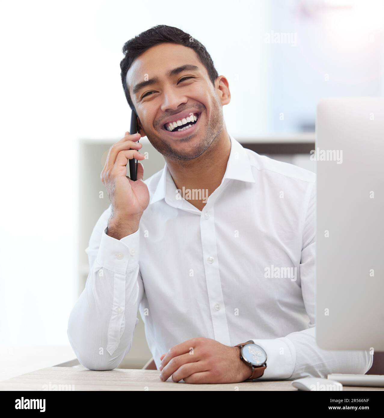 Happy, phone call and business man in office for networking ...