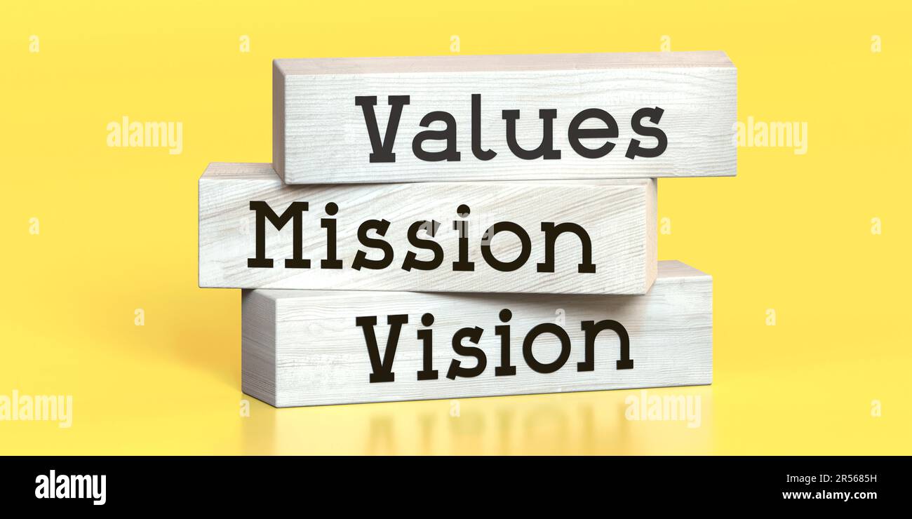 Values, mission, vision - words on wooden blocks - 3D illustration ...