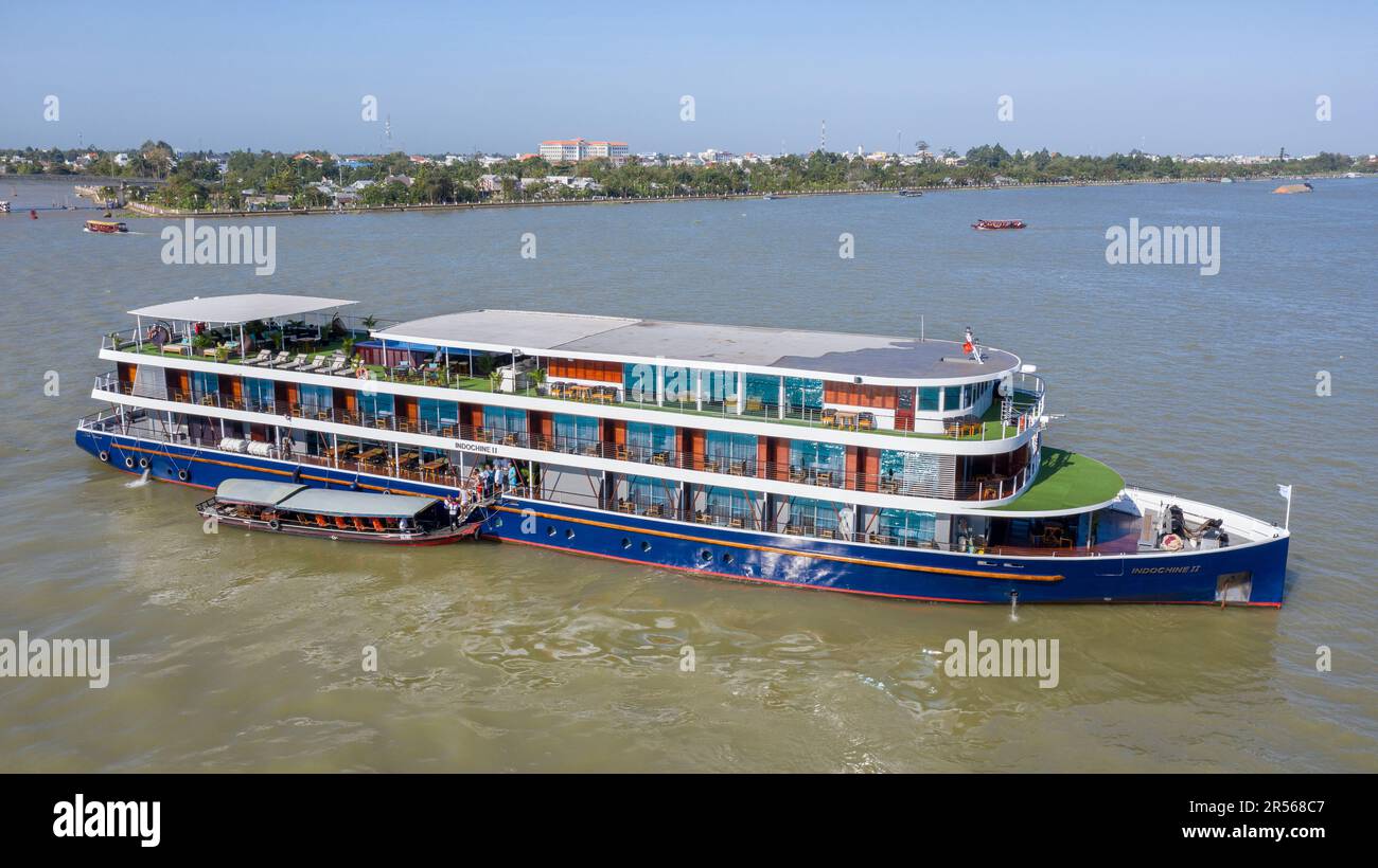 The luxury cruise ship RV Indochine II 2, French cruises CroisiEurope, on the Mekong river ...