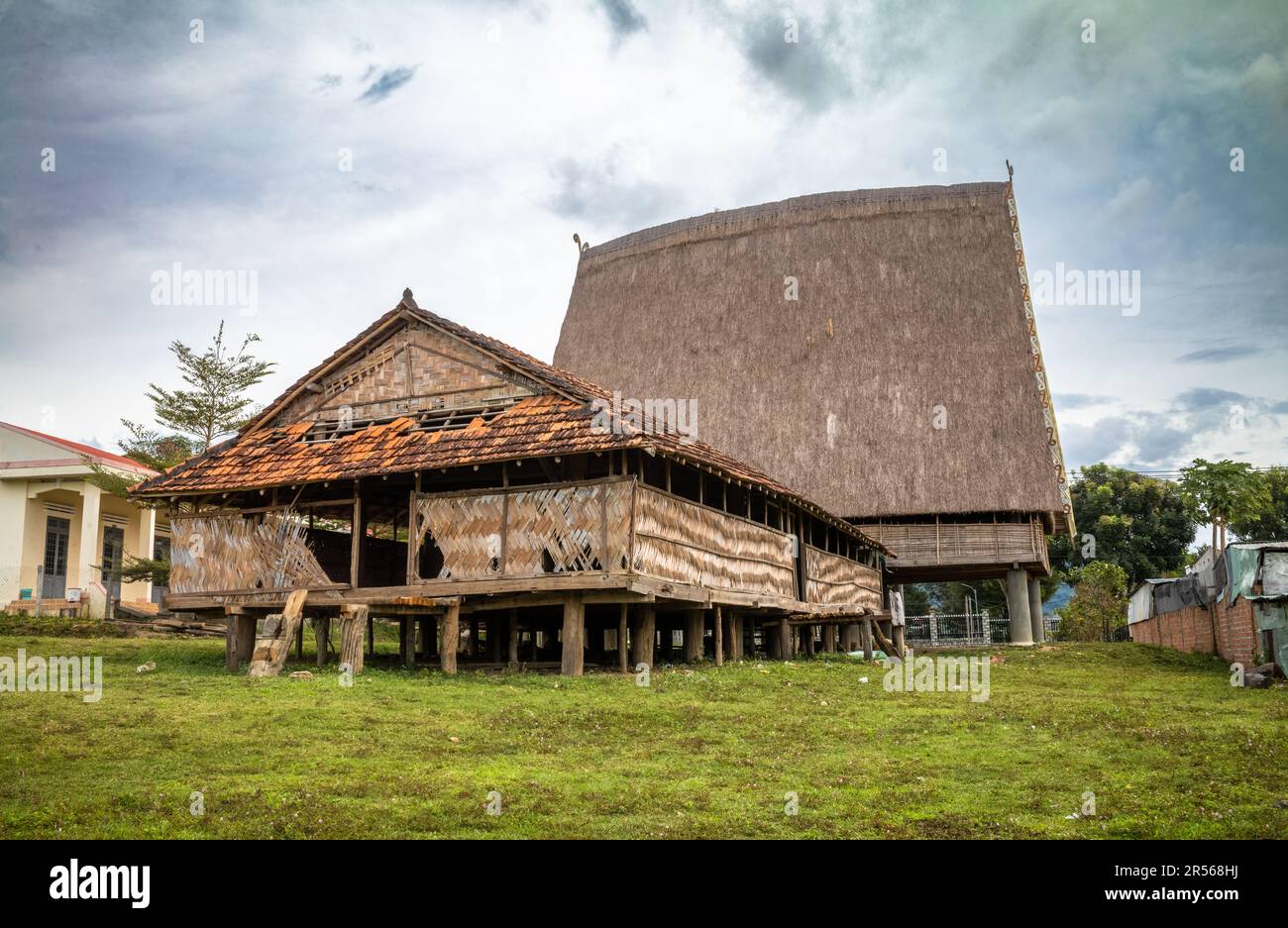 The rear of a traditional "nha rong", or cultural house, with its ...