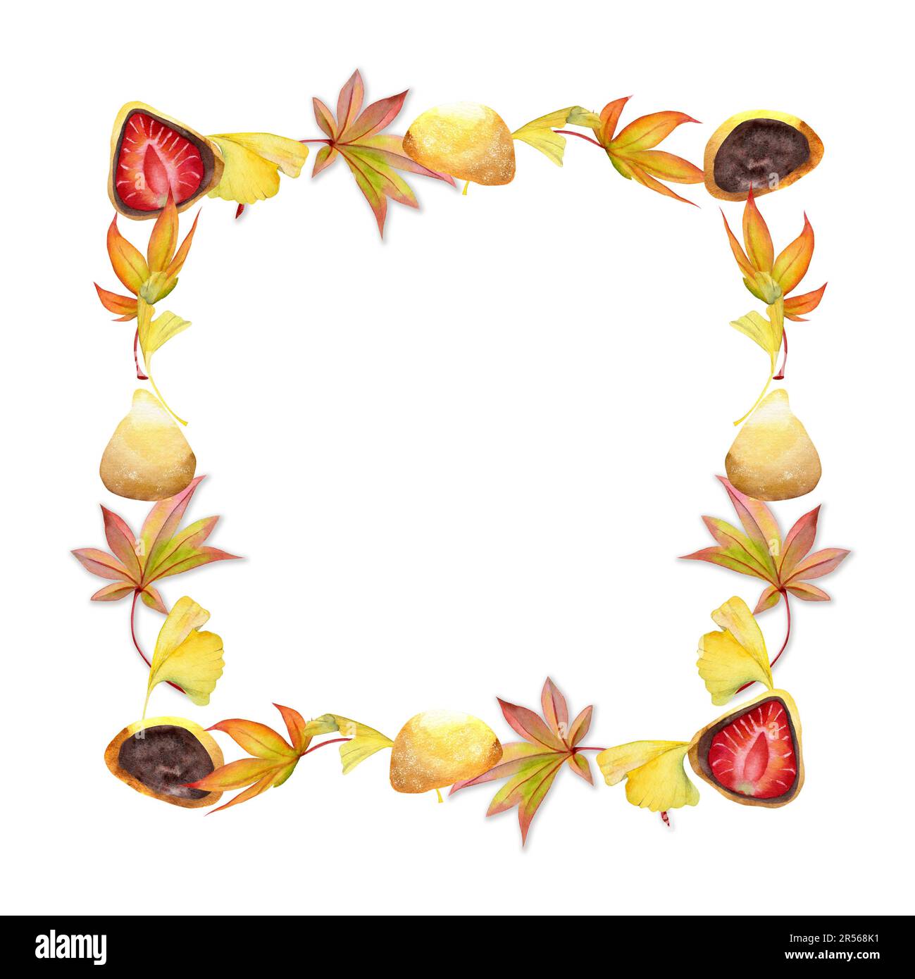 Watercolor hand drawn traditional Japanese sweets. Square frame of ...