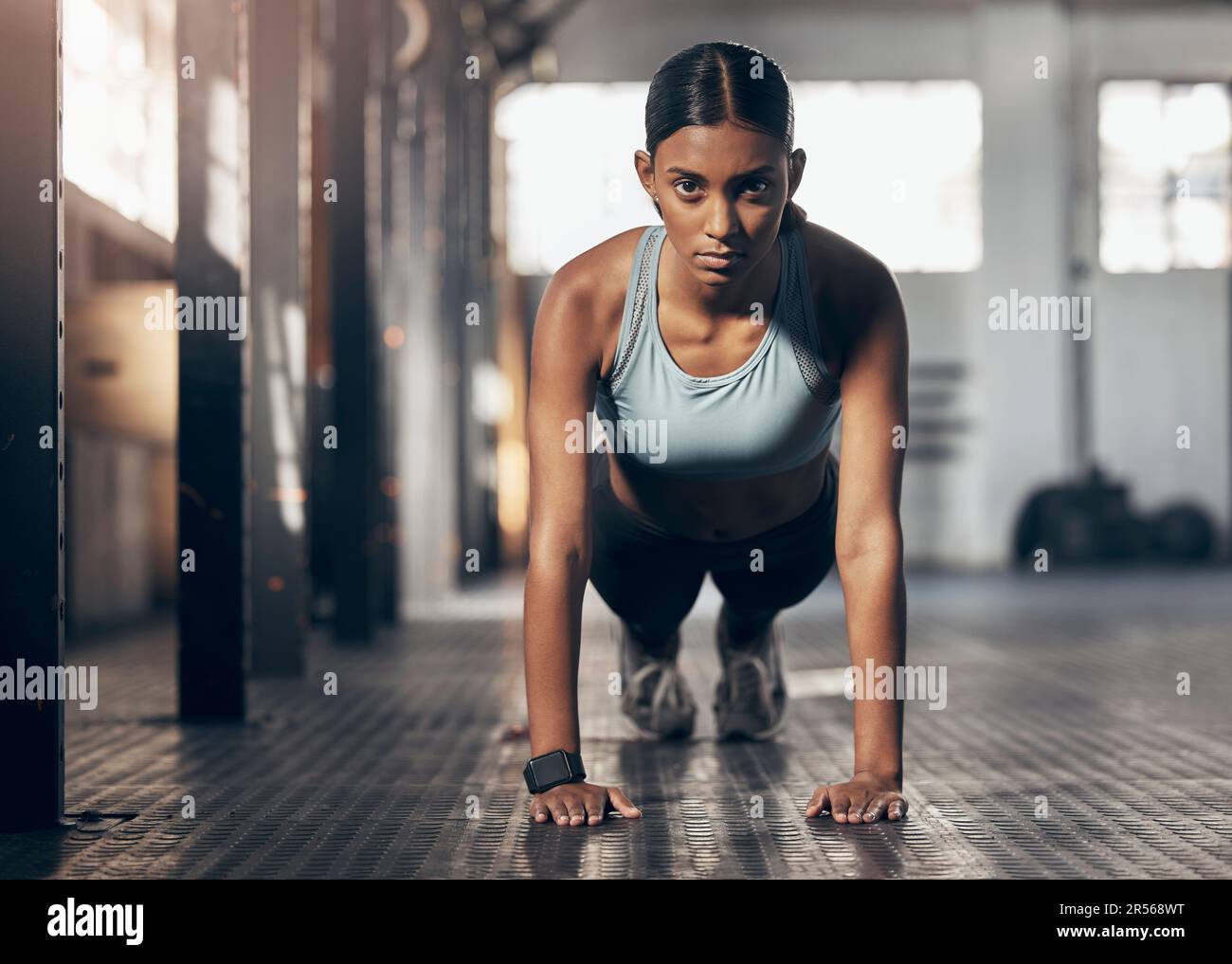 Push ups, challenge and portrait of woman in gym for workout, exercise ...