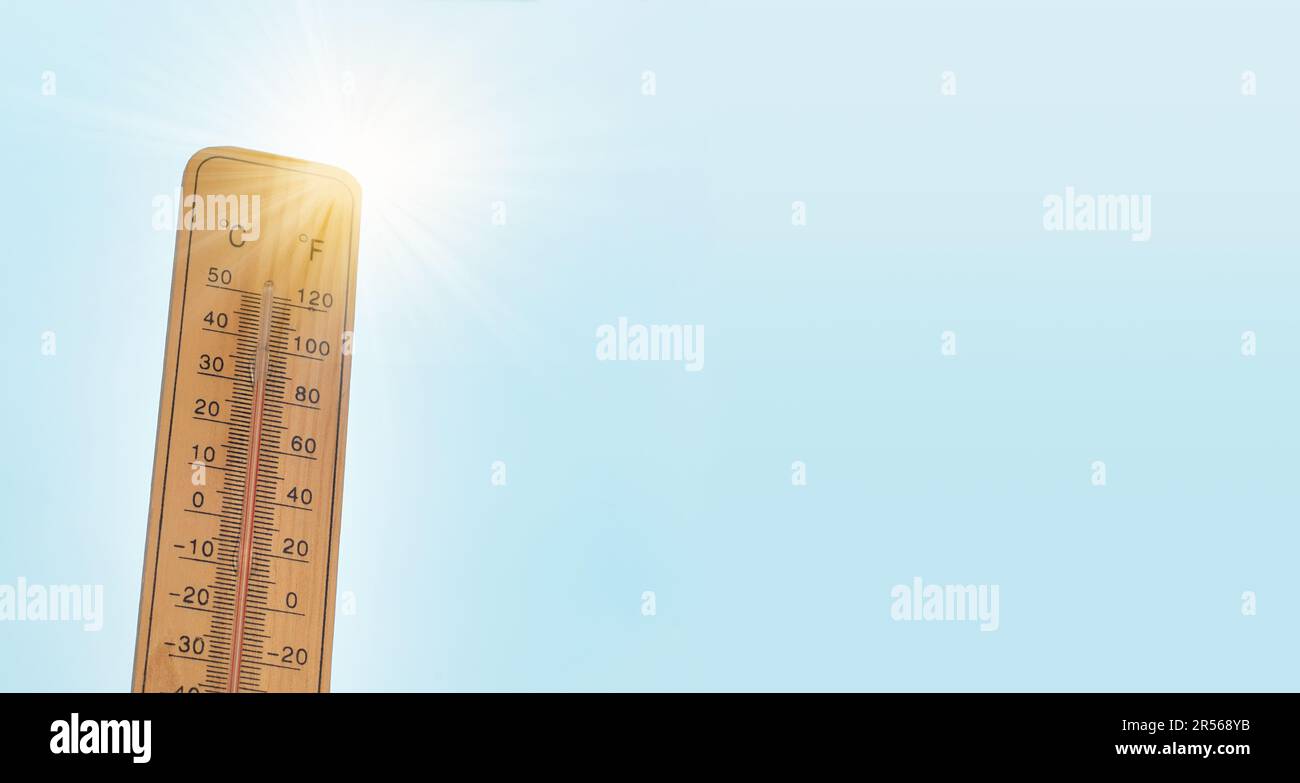 Thermometer with blue sky and sun, measure the temperature, weather ...
