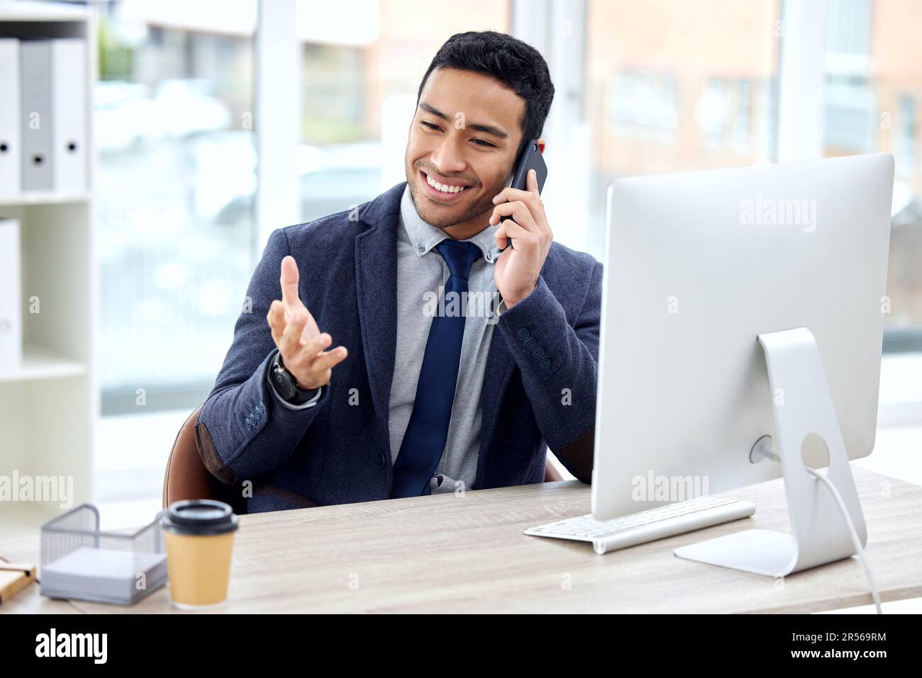 Phone call, advice and business man in office, communication and ...