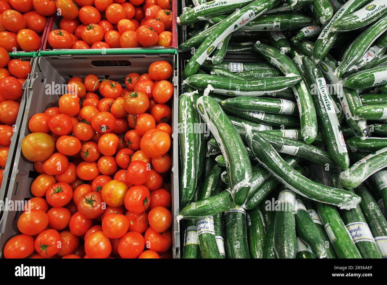 Fresh vegetables, tomatoes and cucumbers, in a grocery store Stock ...