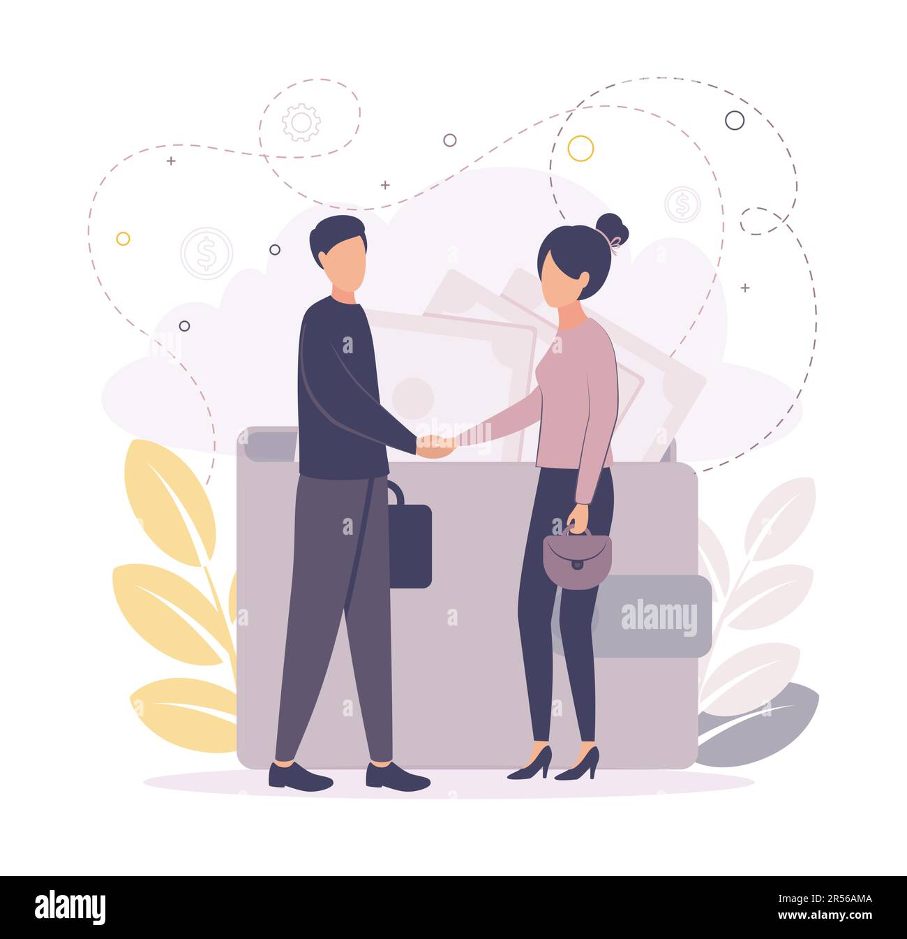 Time management. Make a deal. Illustration woman and man shake hands ...