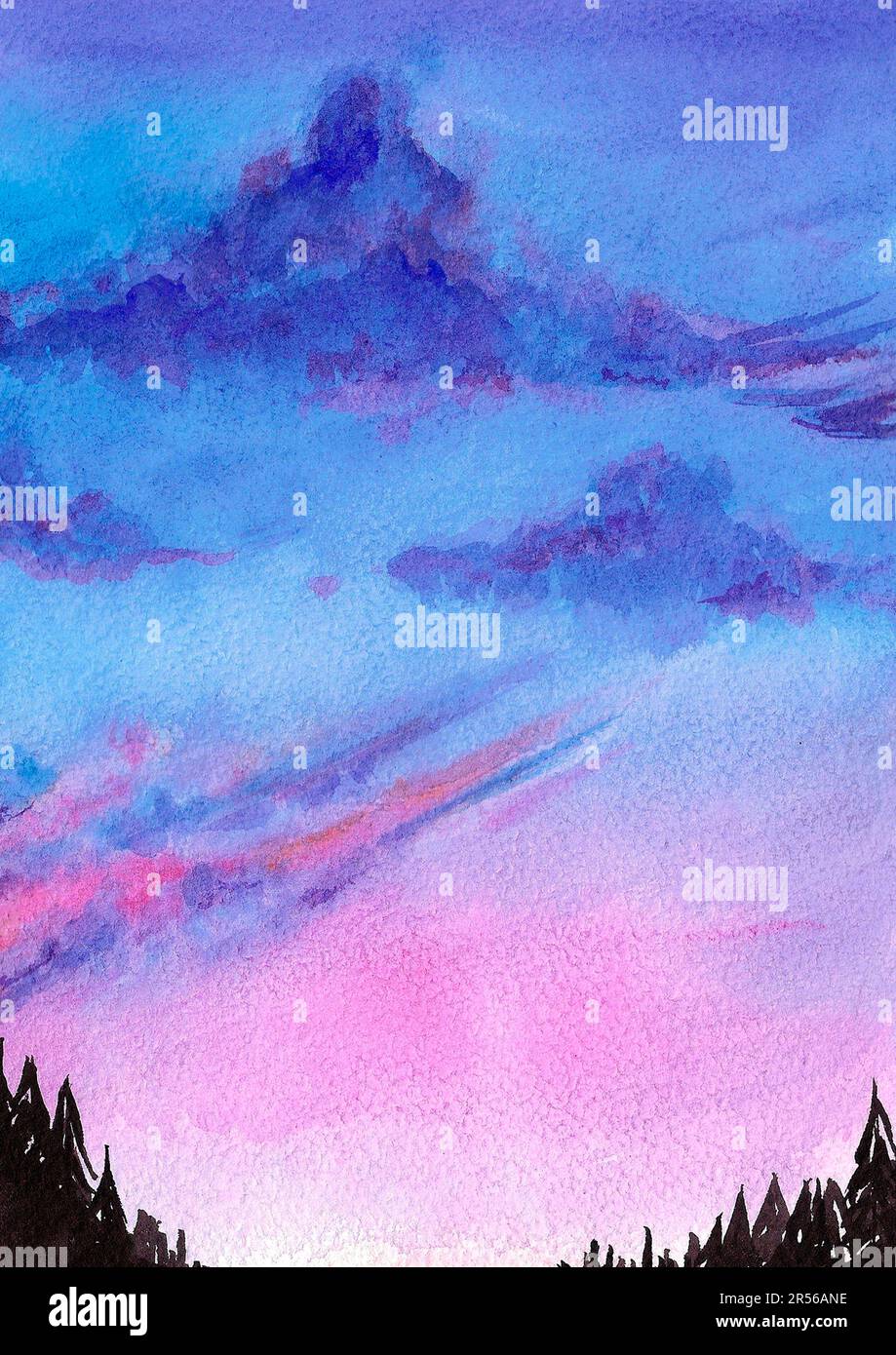 Hand drawn watercolor sunset sky illustration. Sundown background ...