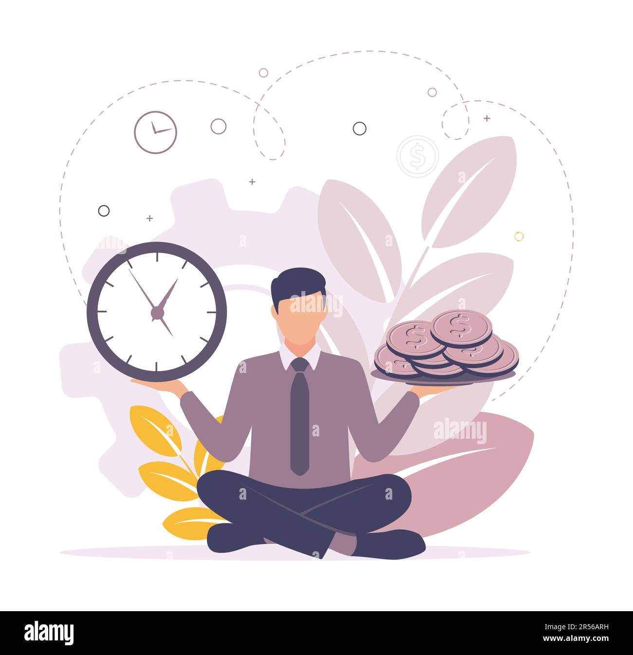 Time management. Illustration of a man sitting holding a clock in one ...