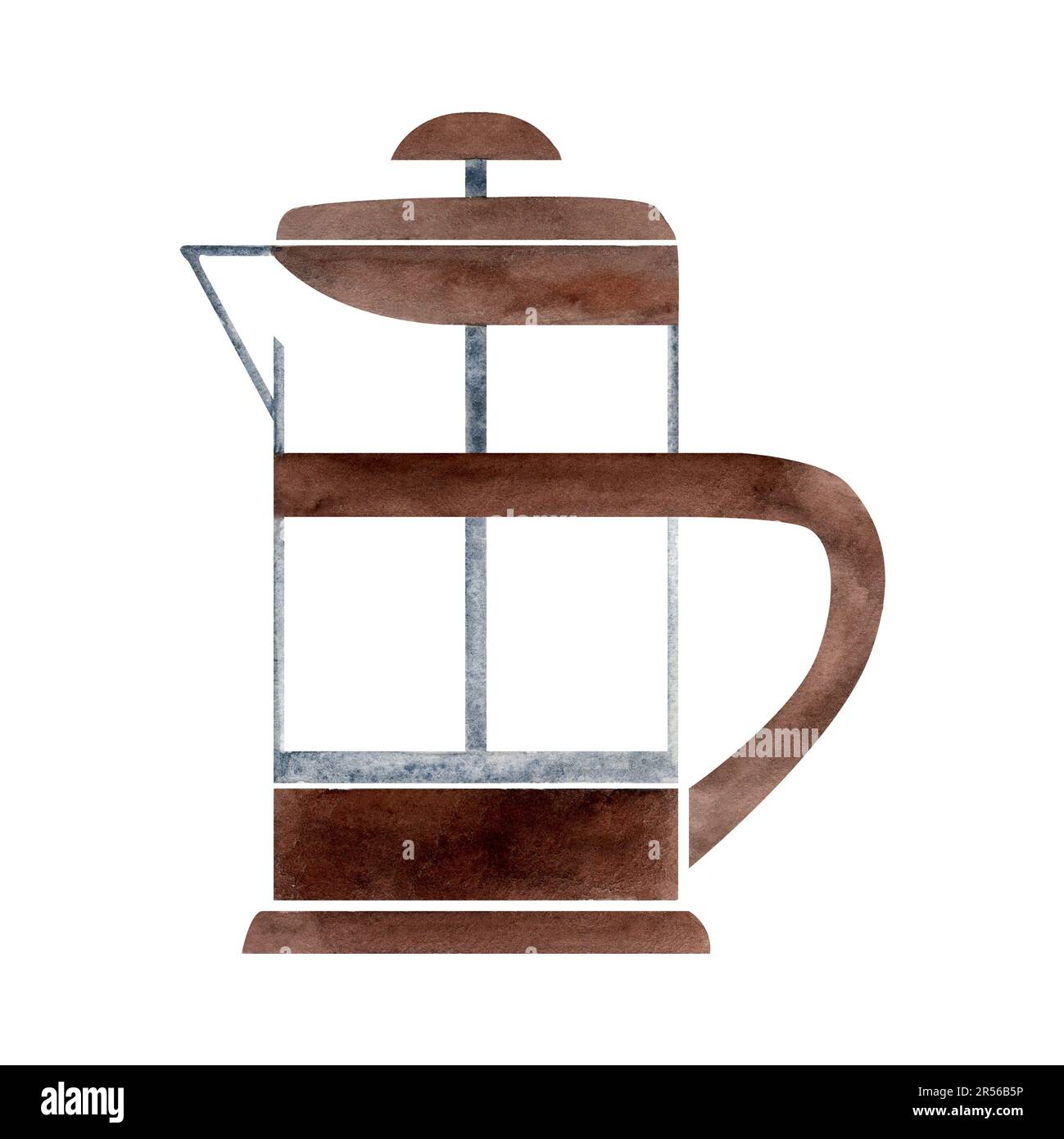 Watercolor hand drawn illustration. Tea pot glass and dark brown kettle ...