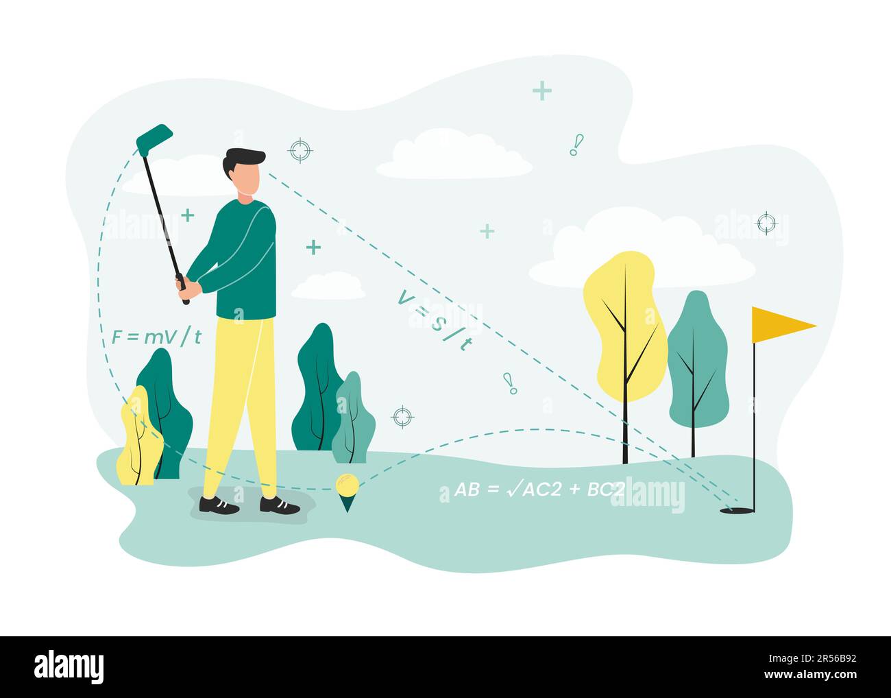 Golf illustration. A man with a club on the golf course trains to hit ...