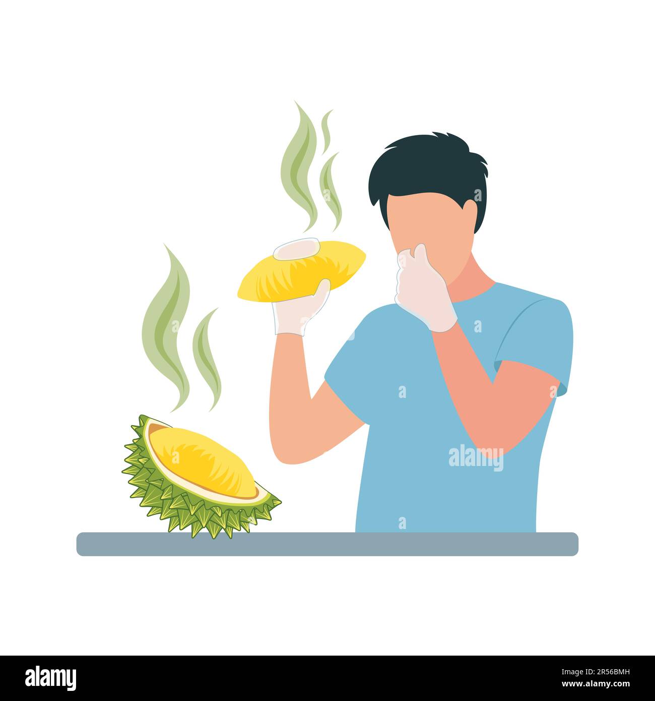 Illustration of a man, covering his nose, holding a durian fruit in ...