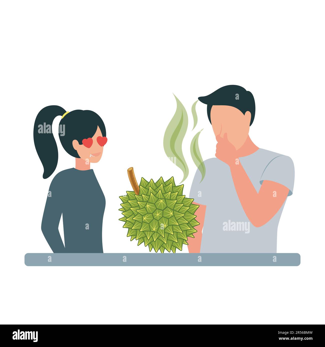 Illustration of a woman looking at a durian with a desire to eat it, a ...
