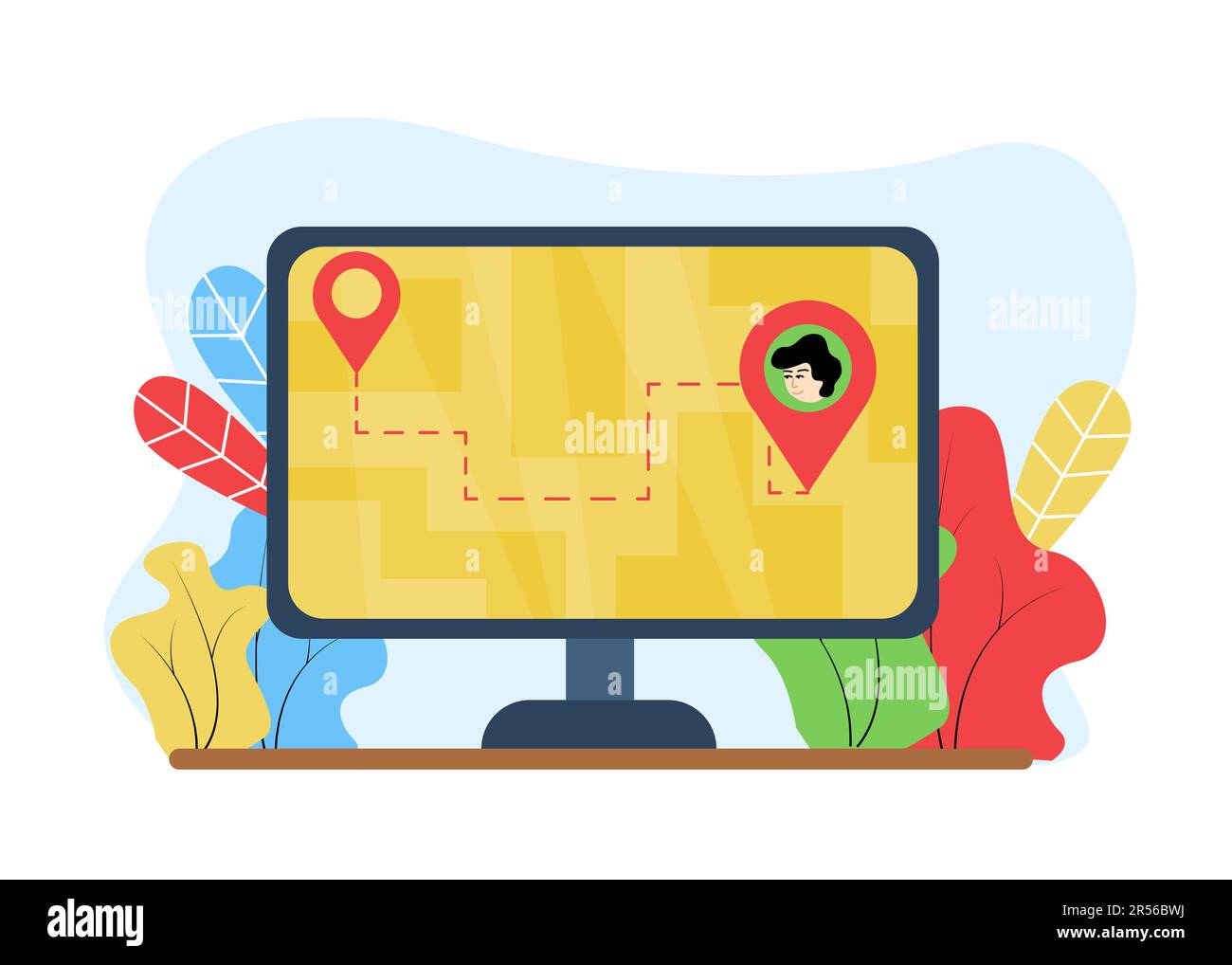 Delivery illustration. Package tracking. On the monitor, location icons ...