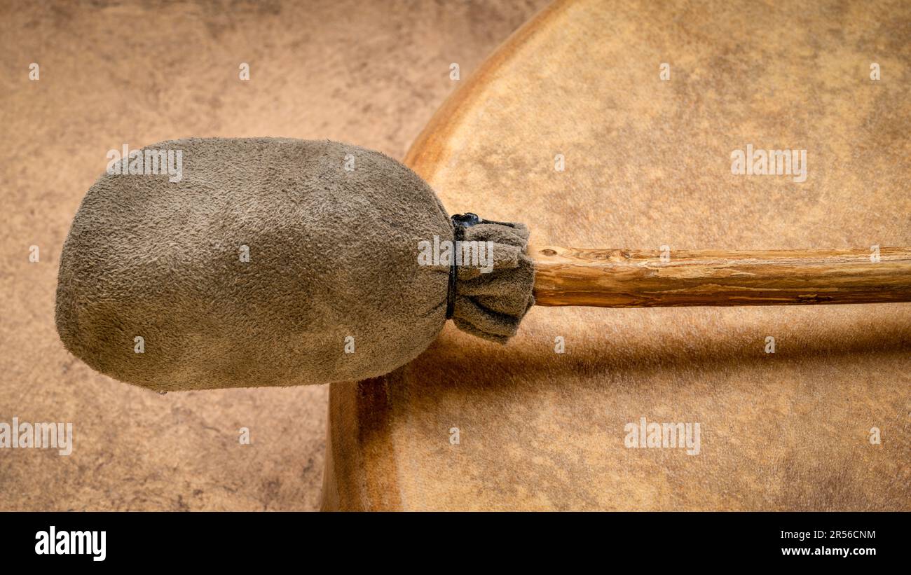 detail of handmade, native American style, shaman frame drum with a ...