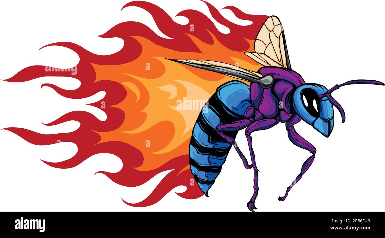 Vector illustration of honey bee with flames on white background Stock ...