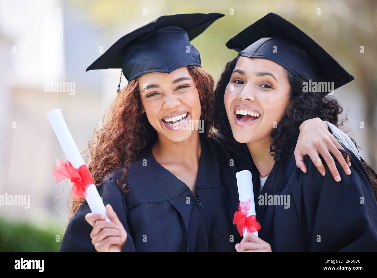 Graduation, diploma and portrait of friends at college with certificate ...