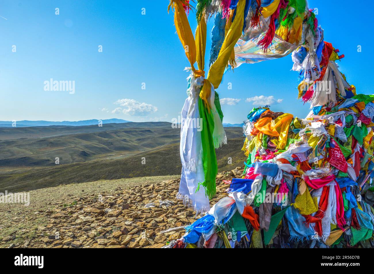 Buddhist prayer ribbons on the Dogee mountain near Kyzyl, Tuva, Russia ...