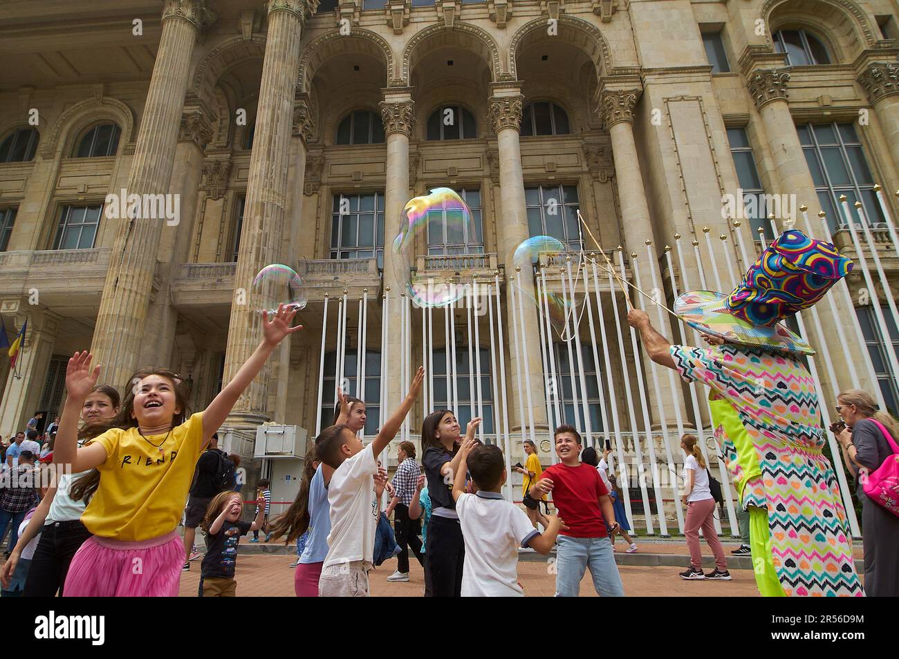Bucharest, Romania. 1st June, 2023: Children play with soap bubbles in ...