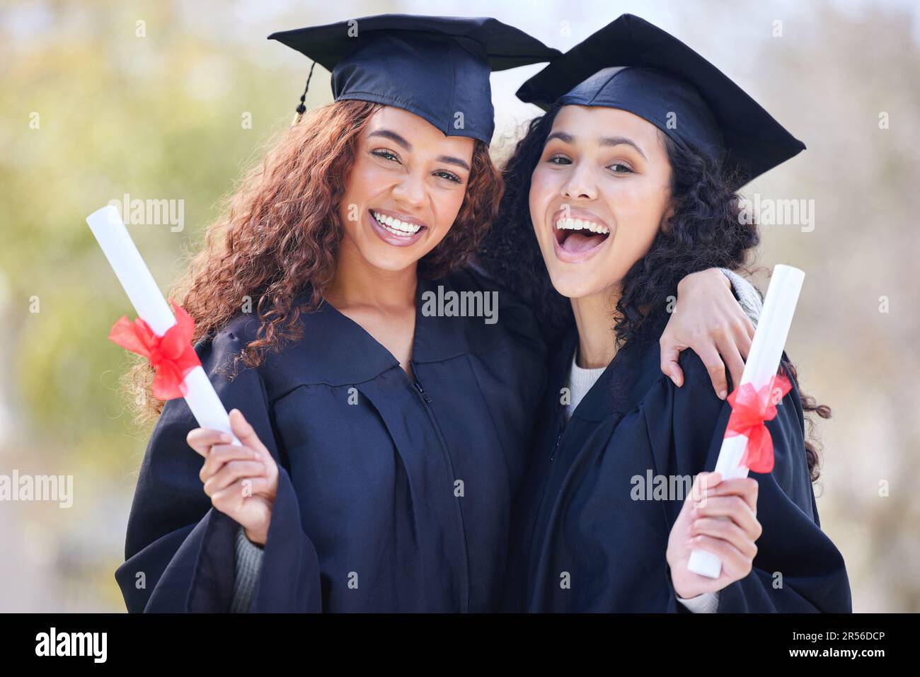 Graduation, education and portrait of friends at college with diploma ...