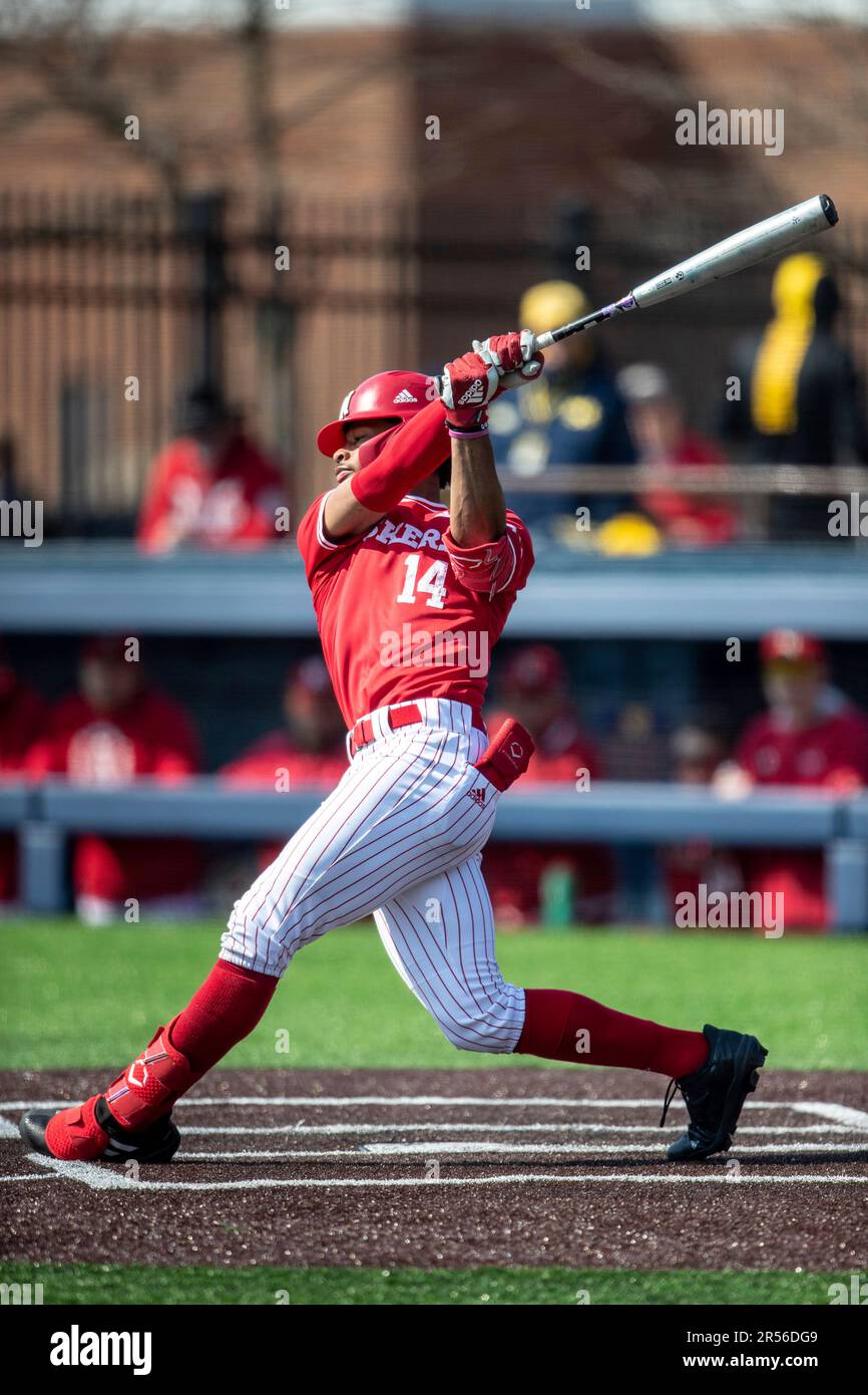 Nebraska Cornhuskers shortstop Brice Matthews (14) follows through on ...