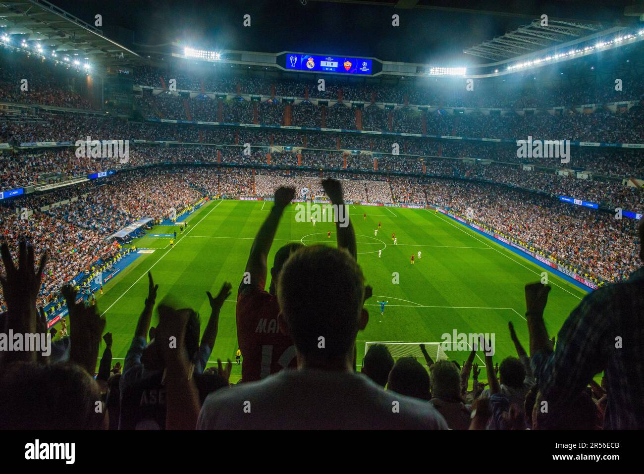 People celebrating a goal. Santiago Bernabeu stadium, Madrid, Spain ...