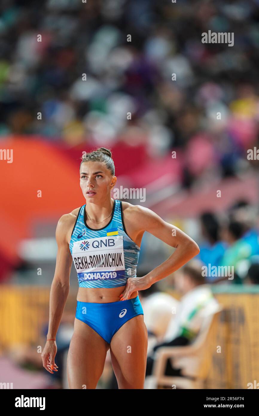 Maryna Bekh-Romanchuk in the long jump at the Doha 2019 World Athletics ...