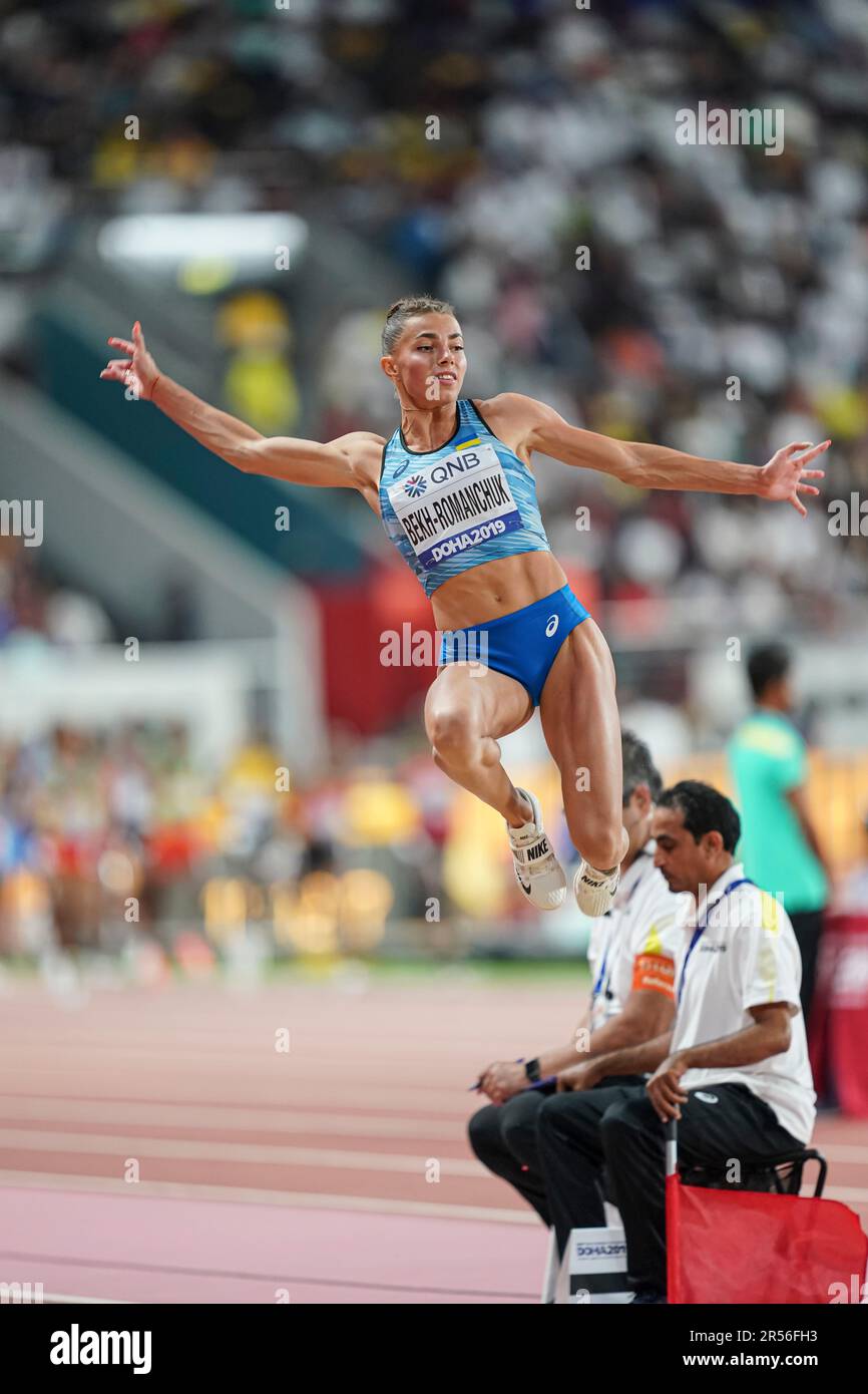 Maryna Bekh-Romanchuk in the long jump at the Doha 2019 World Athletics ...