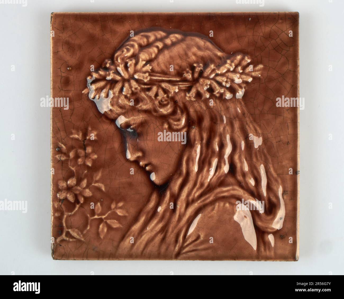 Antique 19thc. girl with flower ring on her head portrait pottery tile ...