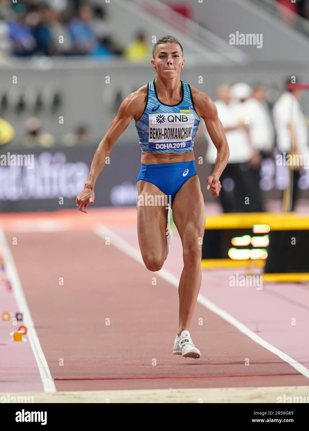 Maryna Bekh-Romanchuk in the long jump at the Doha 2019 World Athletics ...