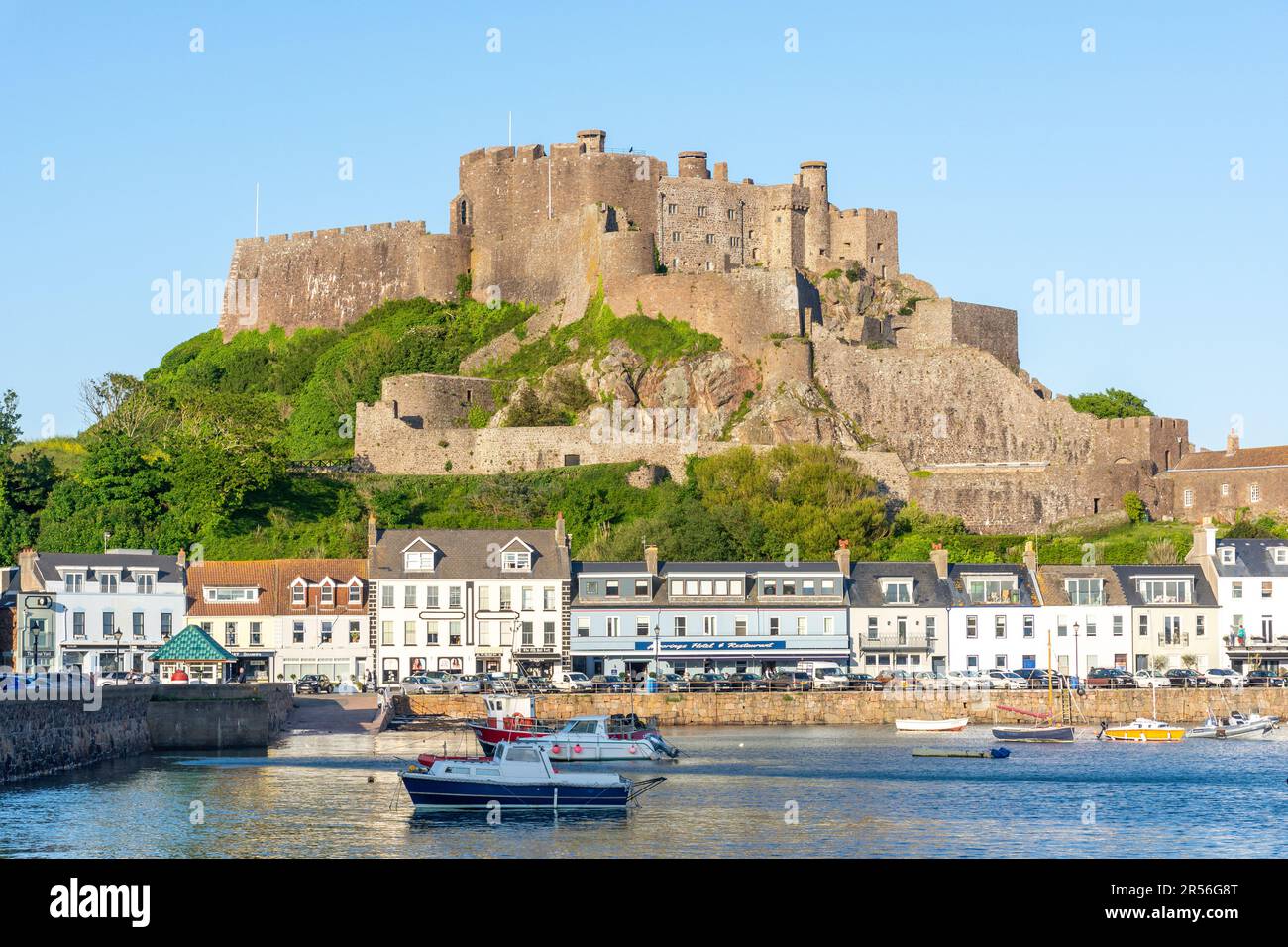 13th century Mount Orgueil Castle across Gorey Harbour, Gorey, Saint ...