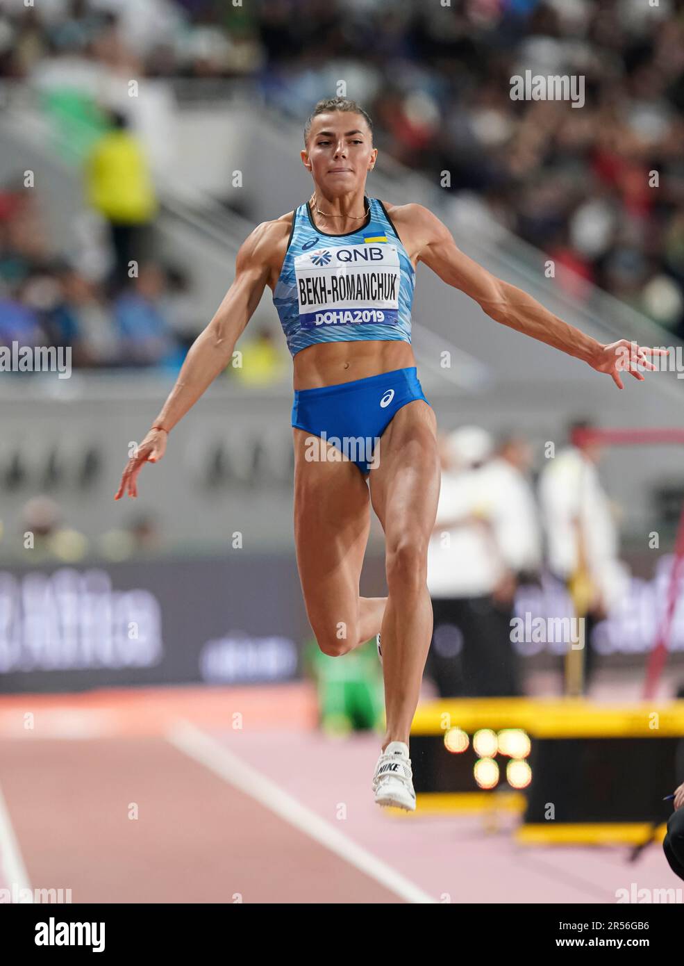 Maryna Bekh-Romanchuk in the long jump at the Doha 2019 World Athletics ...