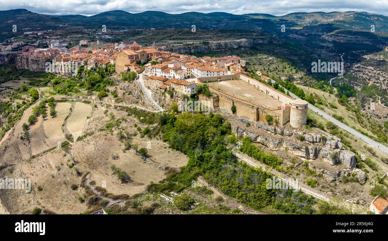 Spanish medieval town of Cantavieja front aerial view, Teruel ...