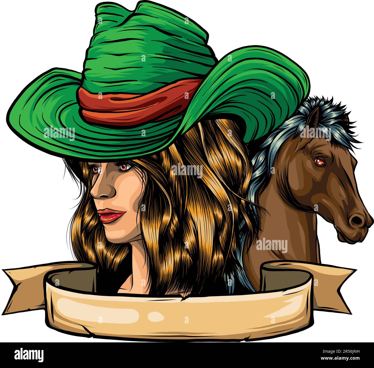 cowgirl woman wearing cowboy hat and with wild mustang horse head ...