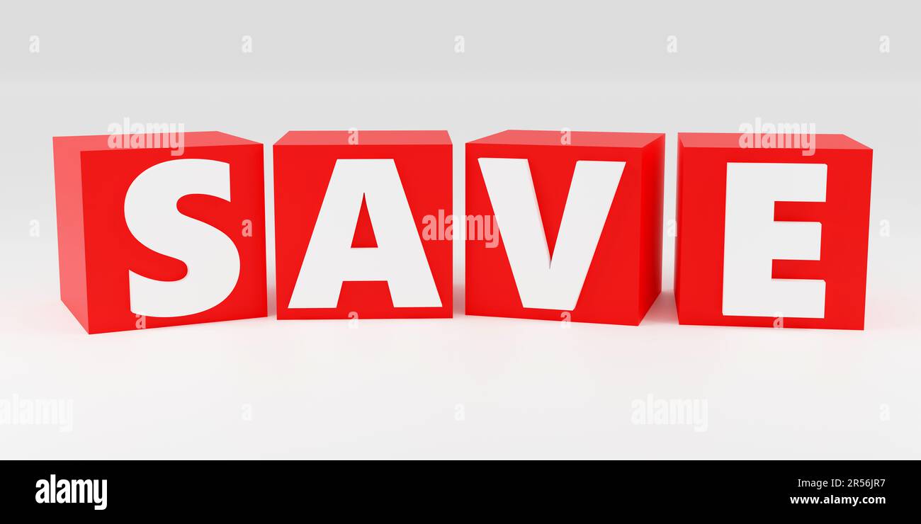 3d render sign save on red cubes and light background. Simple ...