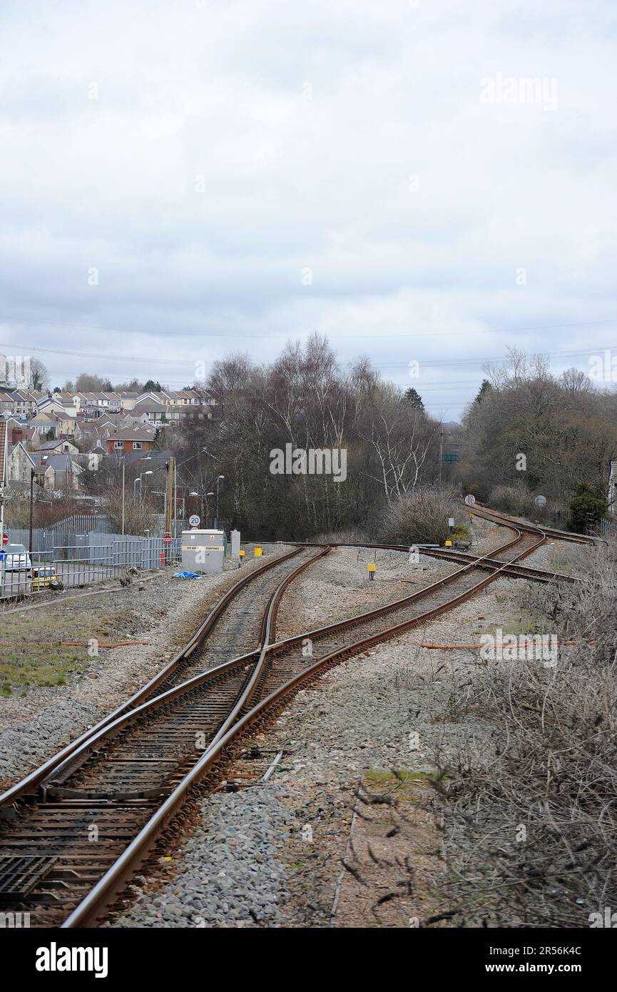 Looking north at Abercynon station. Merthyr line is straight ahead and ...