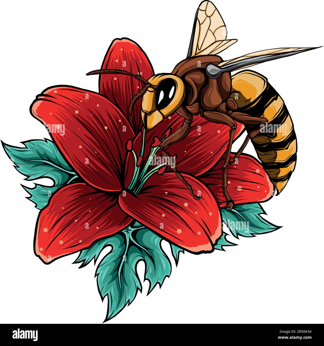 vector illustration of Bee with flowers engraving style isolate on ...