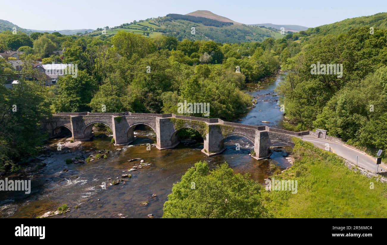Drone view of Llangynidr Bridge, an early 18th-century bridge that ...