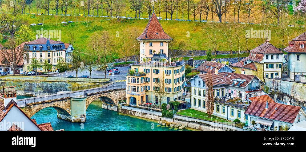 Panorama of the historic district with medieval houses on the bank of ...