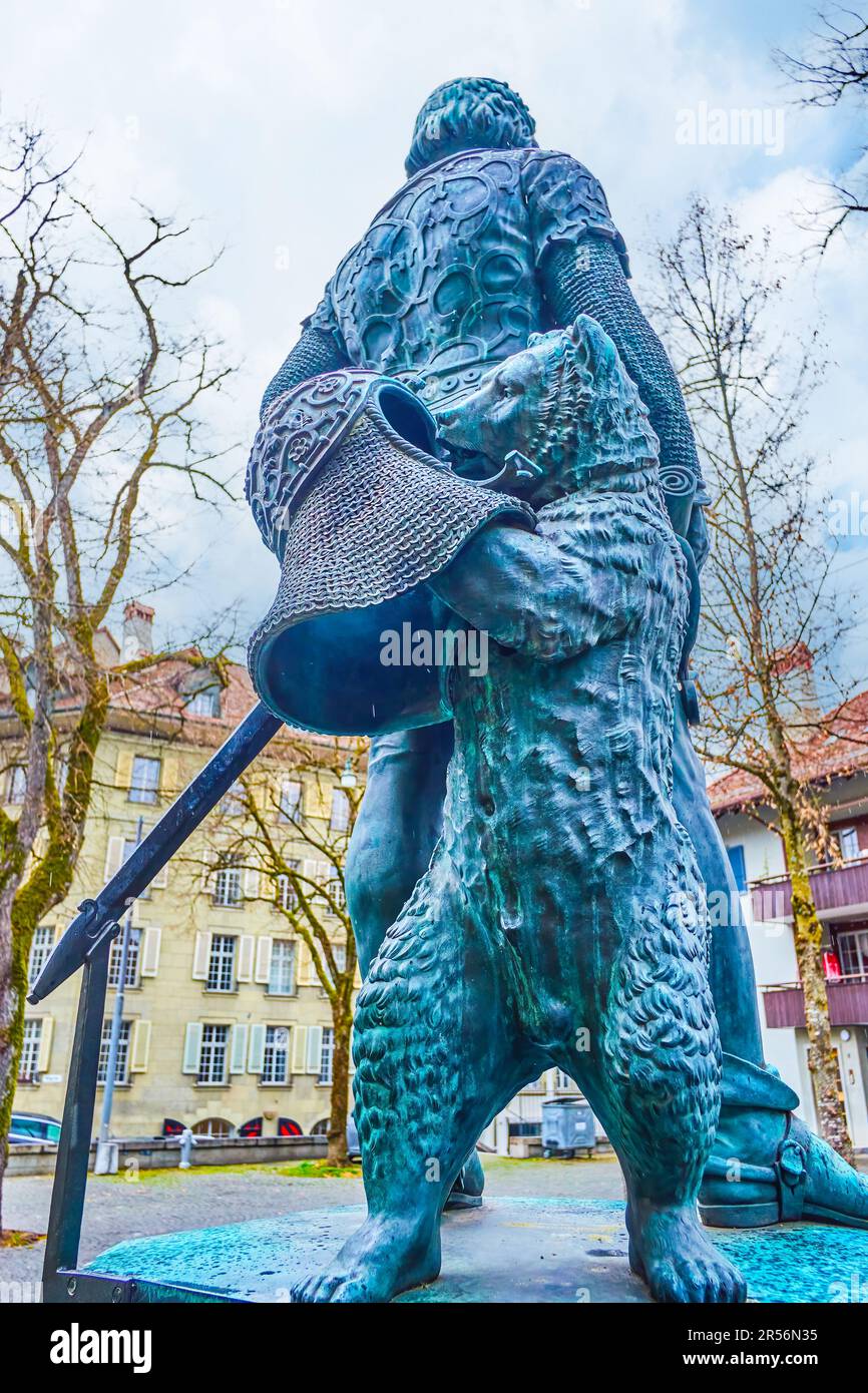 The bronze bear holding chain mail helmet, the part of Zahrindenkmal ...