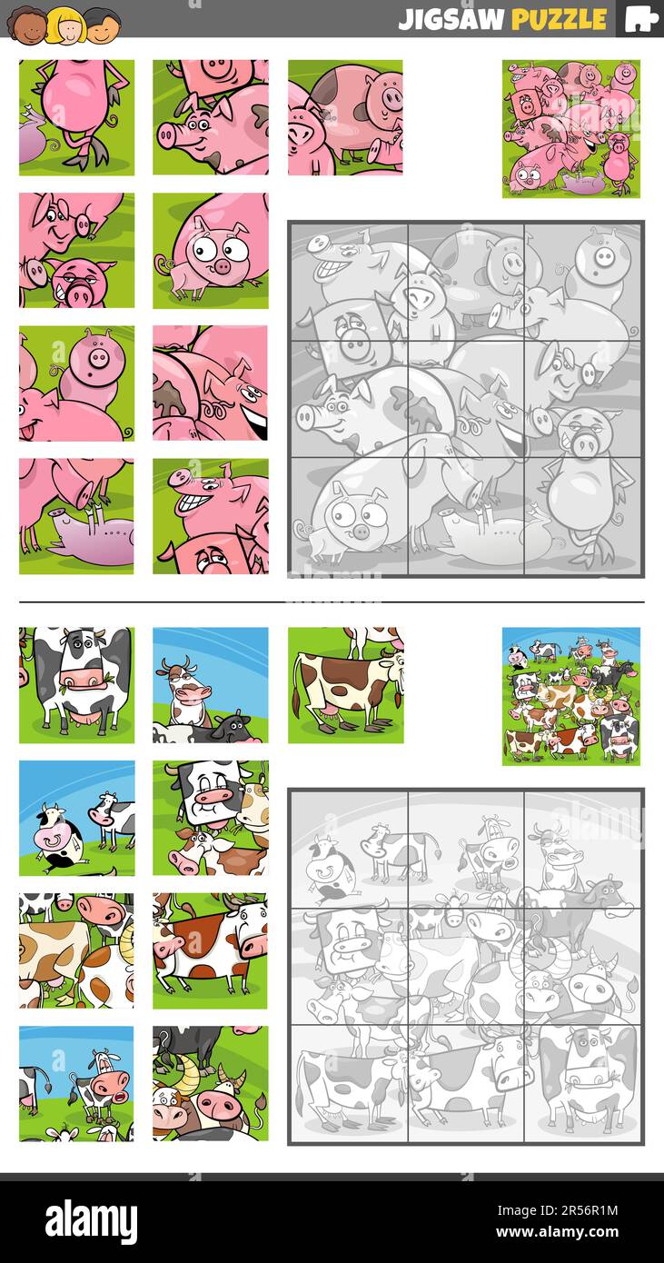 Cartoon illustration of educational jigsaw puzzle activities set with ...