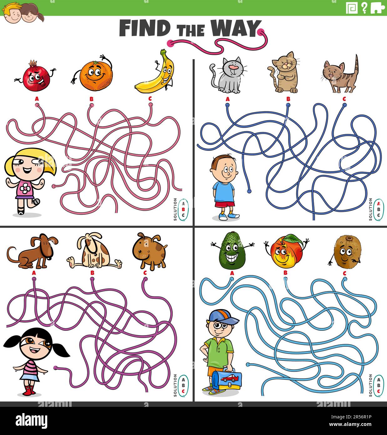 Cartoon illustration of find the way maze puzzle games set with ...