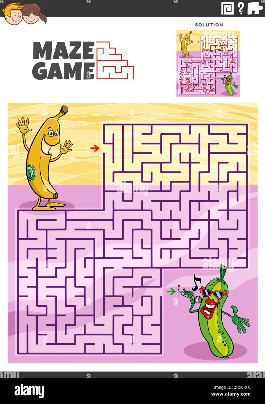 Cartoon illustration of educational maze puzzle activity with funny ...