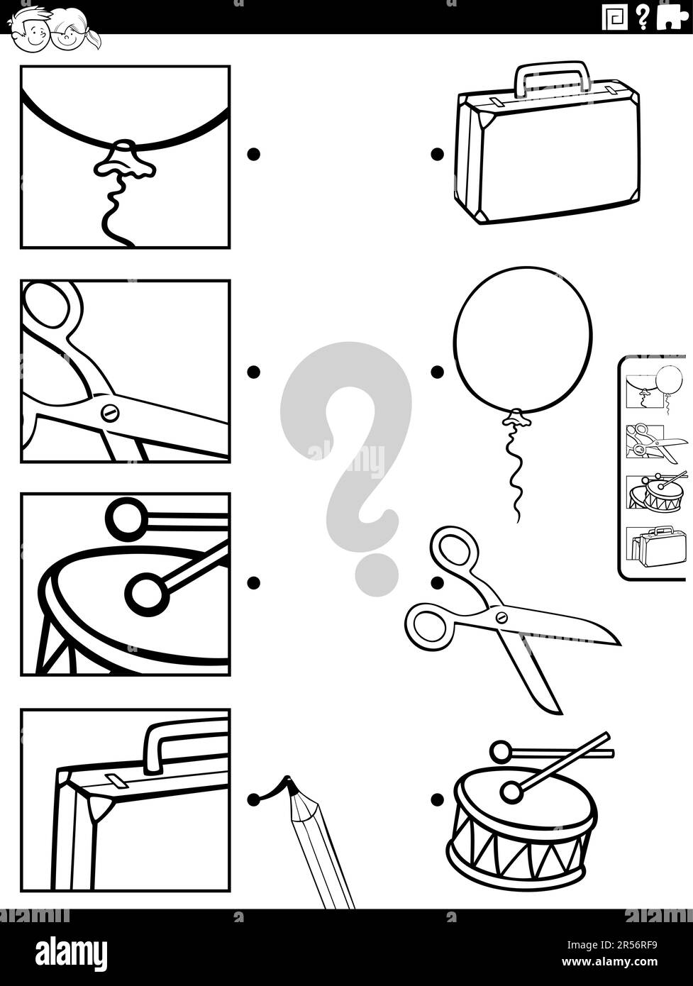 Black and white cartoon illustration of educational matching activity ...
