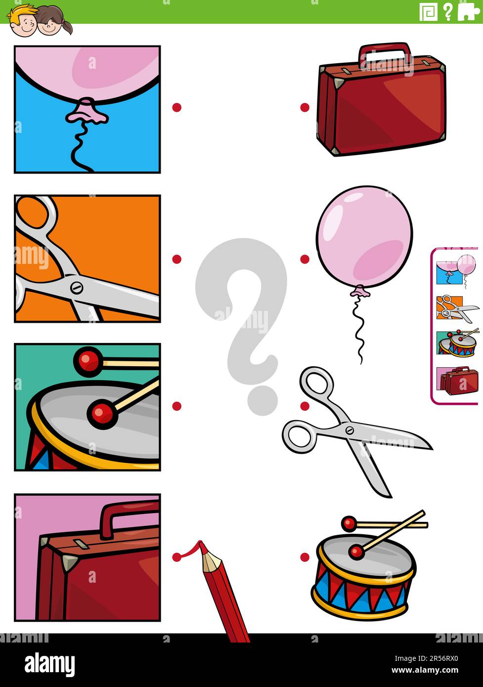 Cartoon illustration of educational matching activity with objects and ...