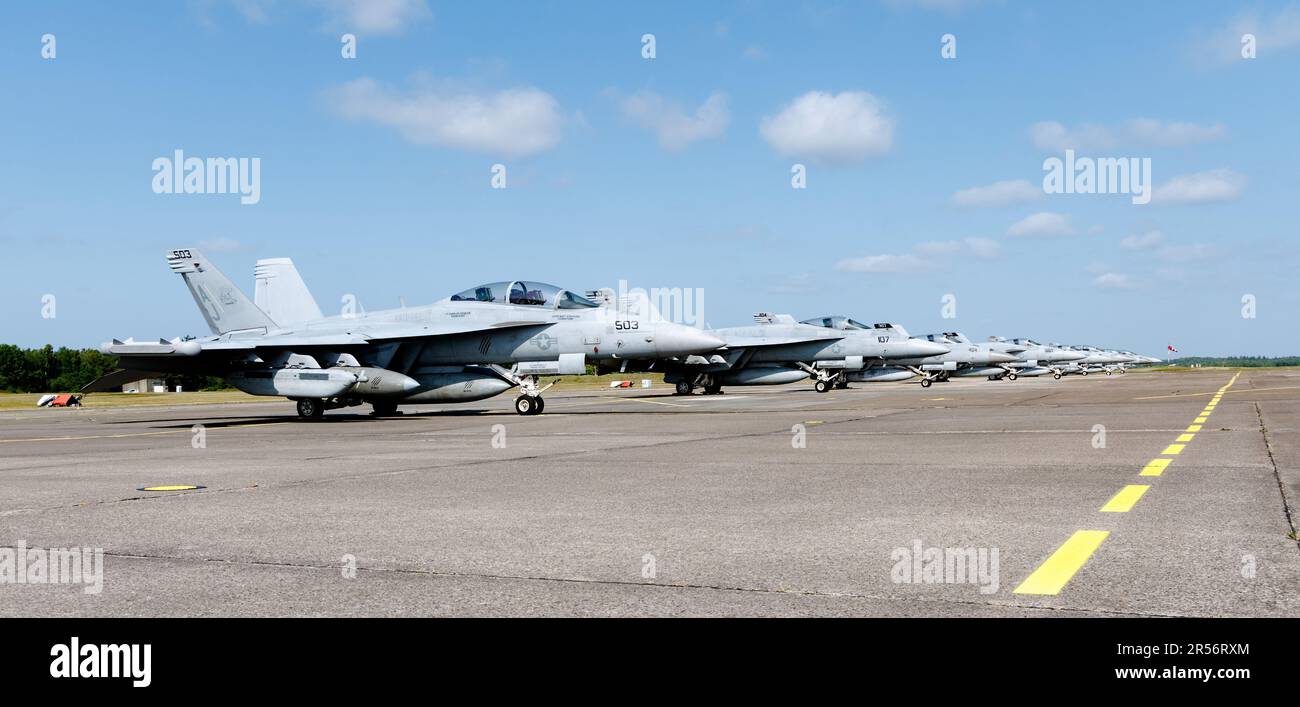Hamburg, Germany. 01st June, 2023. Eight U.S. Navy F18 jets are parked ...