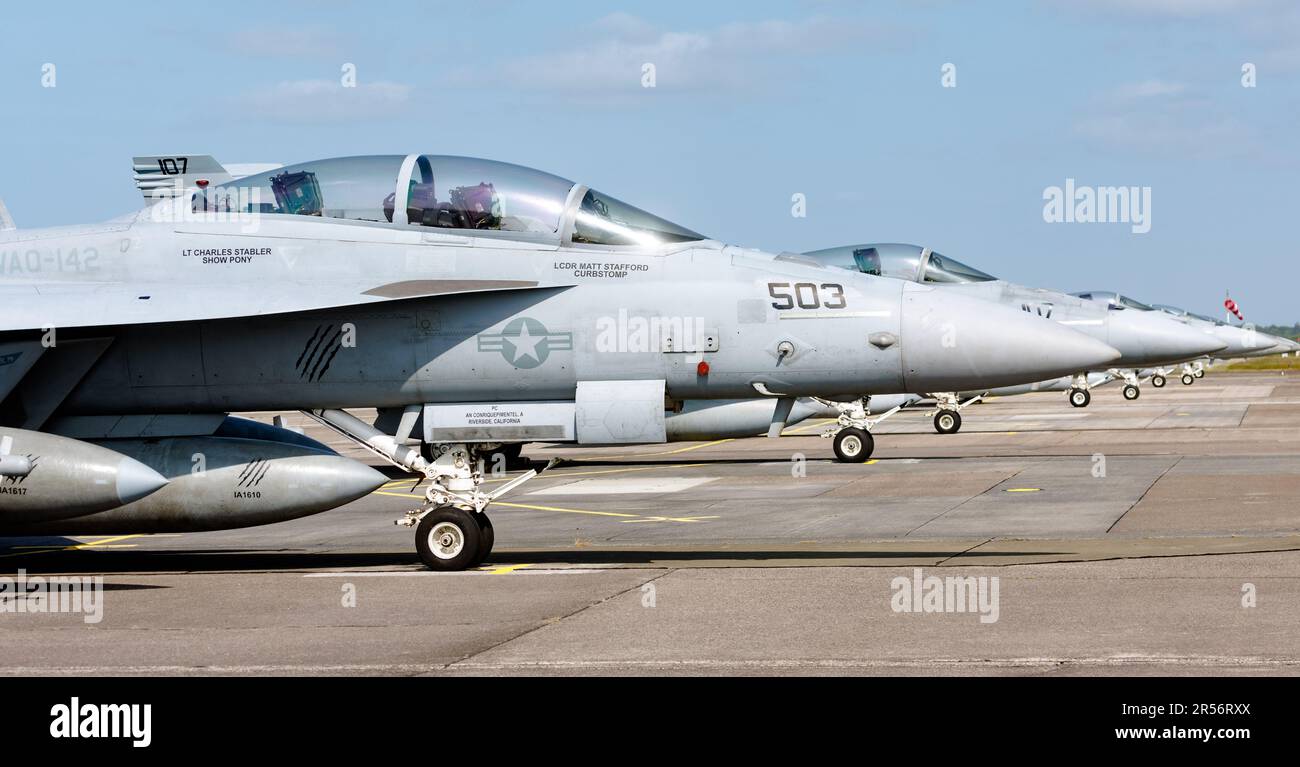 Hamburg, Germany. 01st June, 2023. U.S. Navy F18 jets park at Hohn Air ...