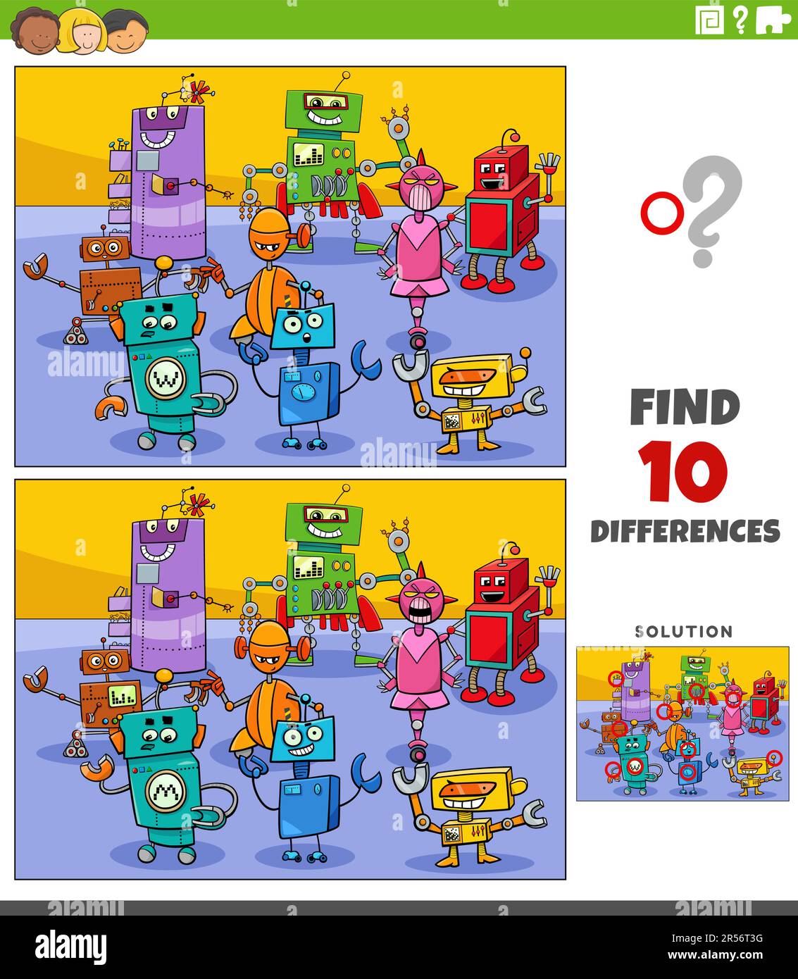 Cartoon illustration of finding the differences between pictures educational game with robots ...