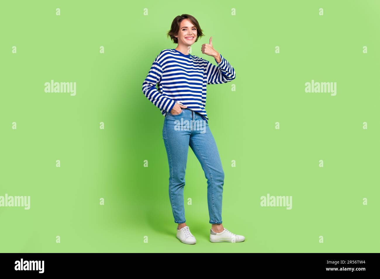 Full length photo of positive nice woman wear sailor shirt showing ...