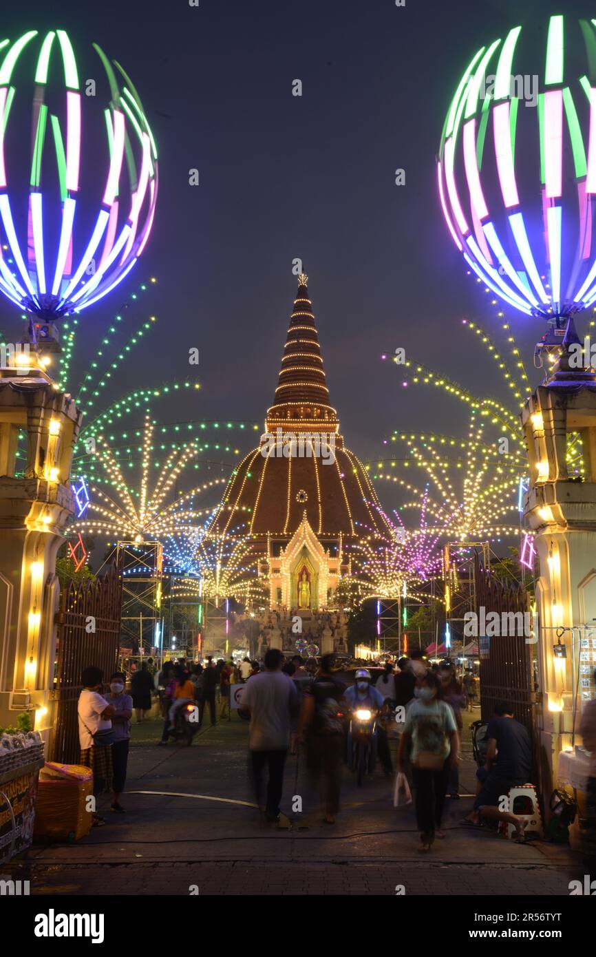 Colorful night lights at Wat Phra Pathom Chedi temple. The largest ...
